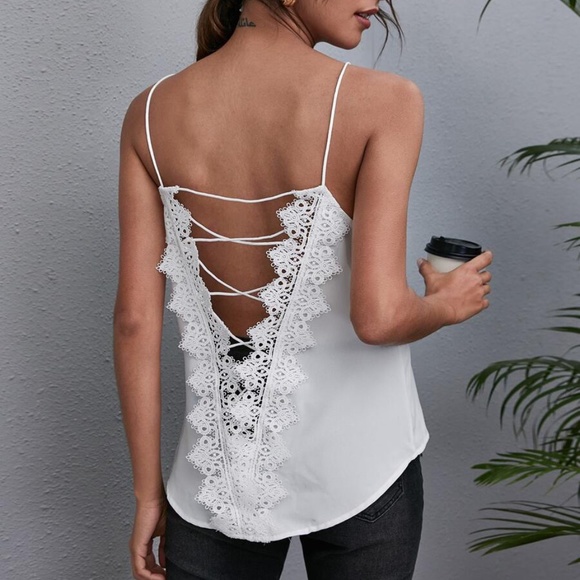 BellanBlue | Tops | Boho Lace Up Open Back Cami Top V Neck White | Poshmark